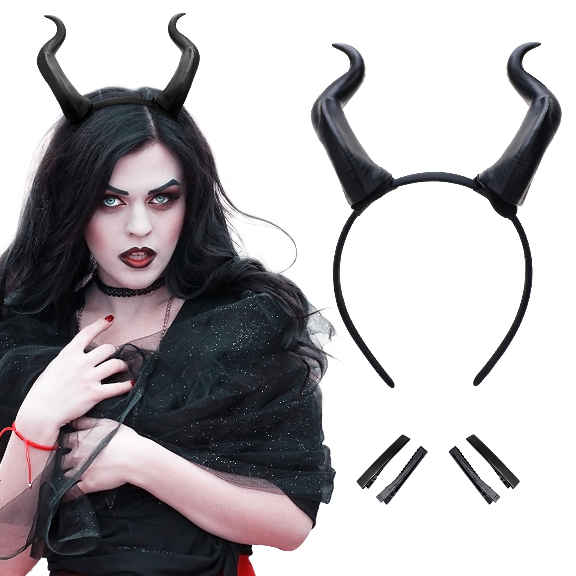 MOSTORY Black Ox Horn Headband - Handmade Devil Hairband Dark Horn Hairhoop Demon Headband with Clips for Easter Cosplay Carnival Mardi Gras Renaissance Photo Shoot