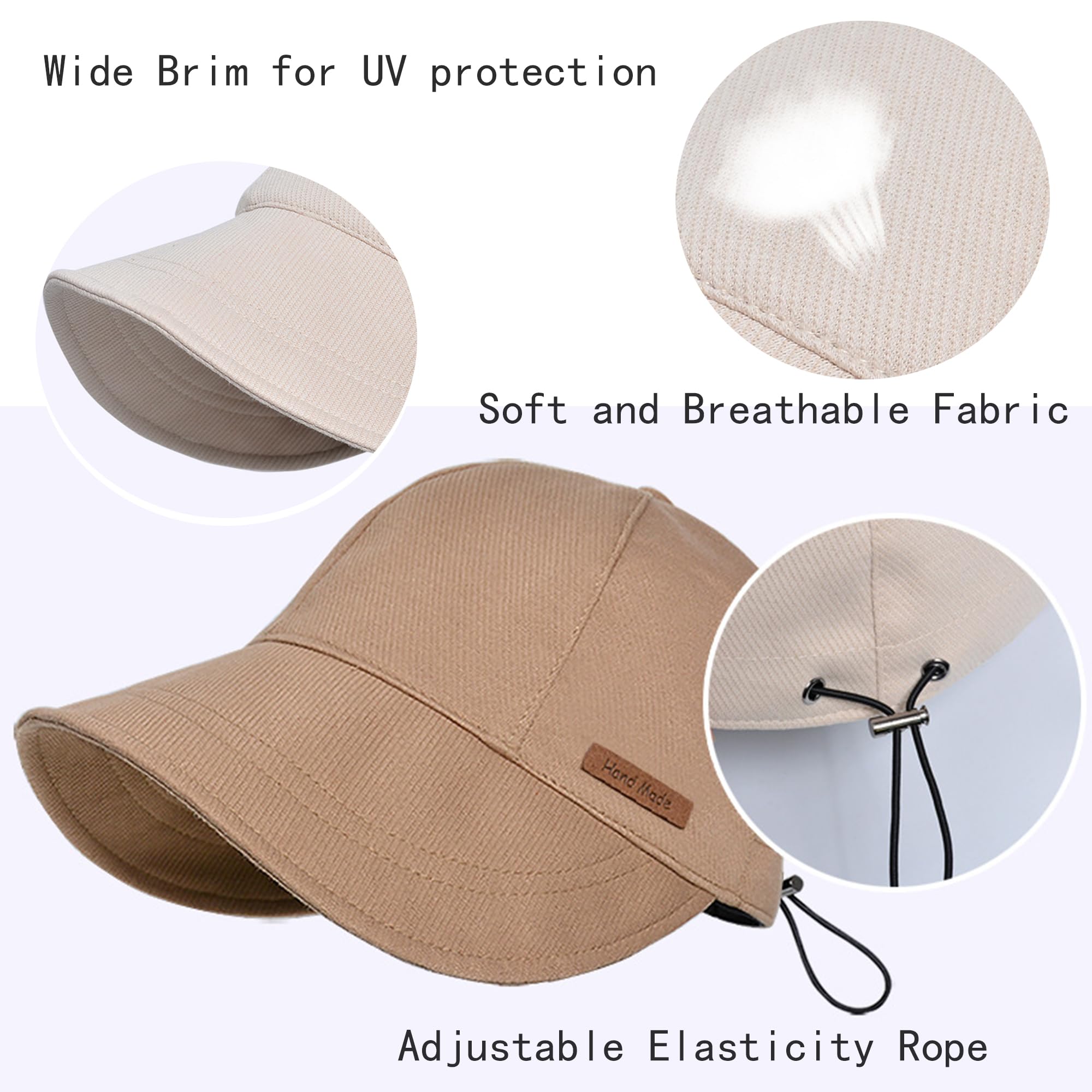 Women-Cotton-Sun-Hat Floppy-Visor Girls-Beach-Hat UV-Protection Non-Shape-Brim Baseball-Caps Outdoor Drawstring Small/Medium