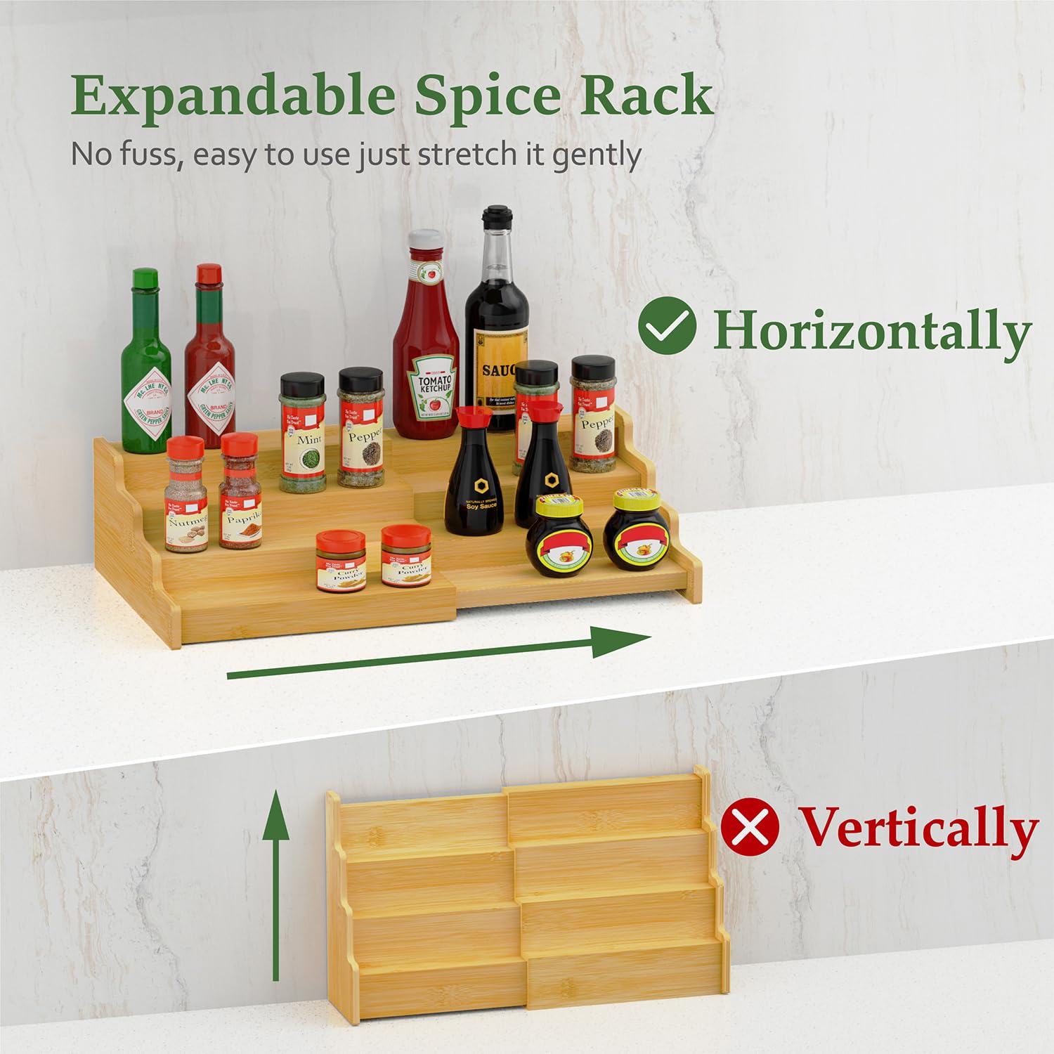 VOPOG Spice Rack Organizer for Cabinet, 4 Tier Expandable Spice Rack, Bamboo Spice Organizer for Kitchen Cabinet, Pantry and Countertop Organization- Natural