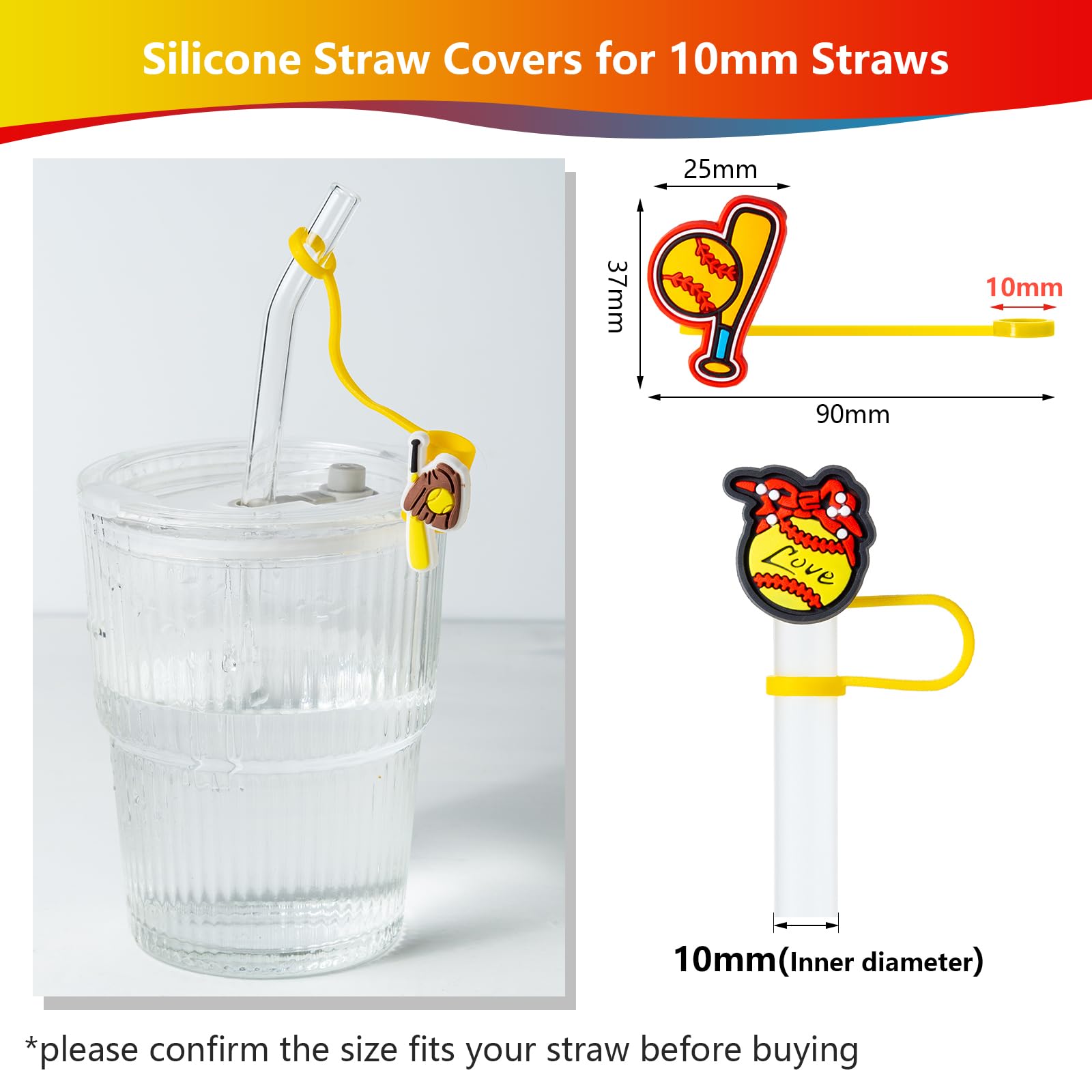 6Pcs Softball Straw Cover Cap for Stanley Cup Accessories, 10mm Cute Black Drinking Straw Topper for 40oz 30oz Stanley Tumbler, Dust-Proof Reusable Straw Tips Valentines Decor Gifts for Women