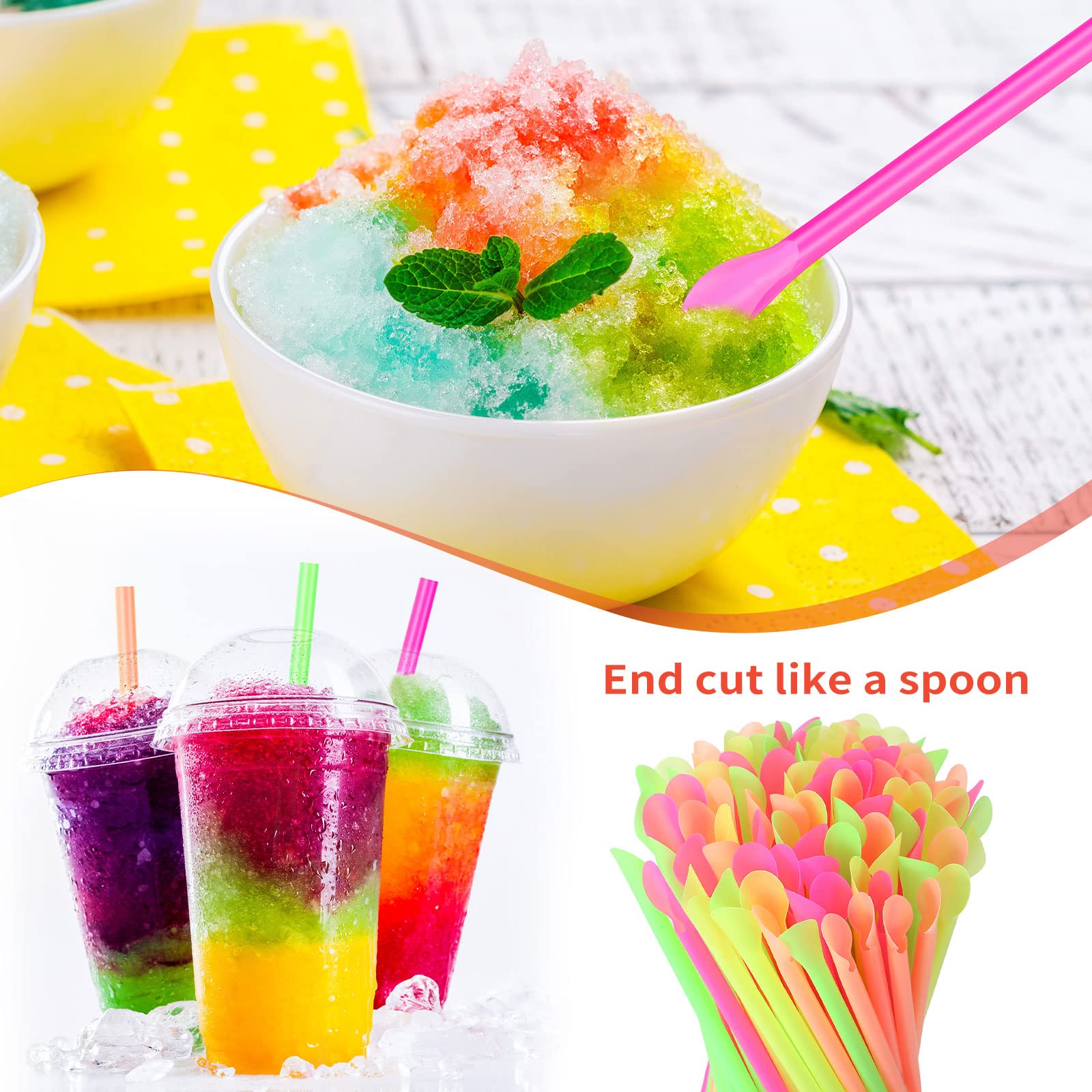 Eaasty 500 Pcs Snow Cone Spoon Straws, Flexible Plastic Straws, Flexible Disposable Drinking Straws, Disposable Plastic Sip Stir Sticks (Yellow,Green,Orange,Rose Red)