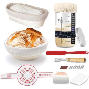 sourdough starter kit,sourdough bread baking supplies includes 24oz sourdough starter jar,2pcs 9 inch round&oval sourdough bread proofing baskets with linen liner,silicone baking mat,bread making kit