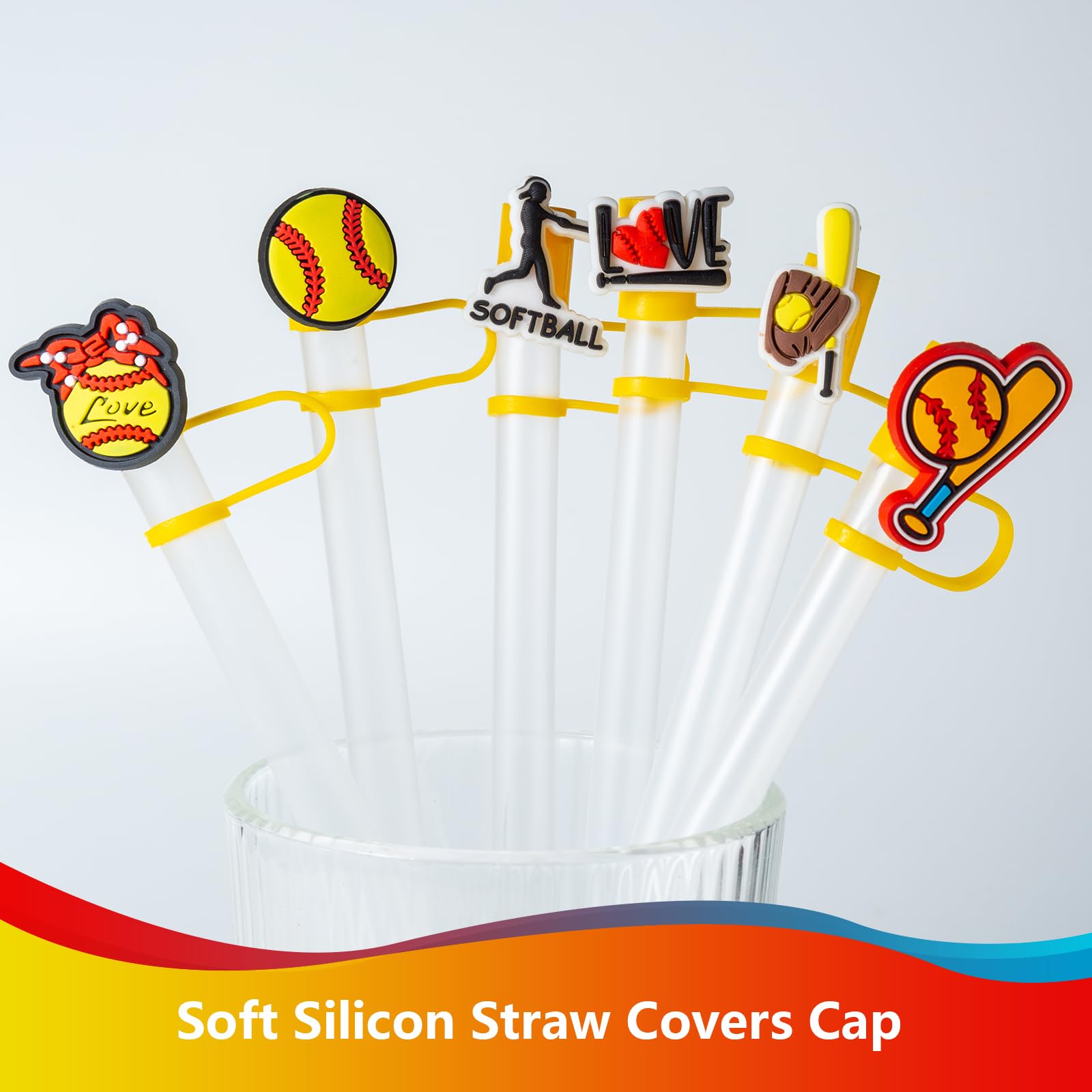 6Pcs Softball Straw Cover Cap for Stanley Cup Accessories, 10mm Cute Black Drinking Straw Topper for 40oz 30oz Stanley Tumbler, Dust-Proof Reusable Straw Tips Valentines Decor Gifts for Women