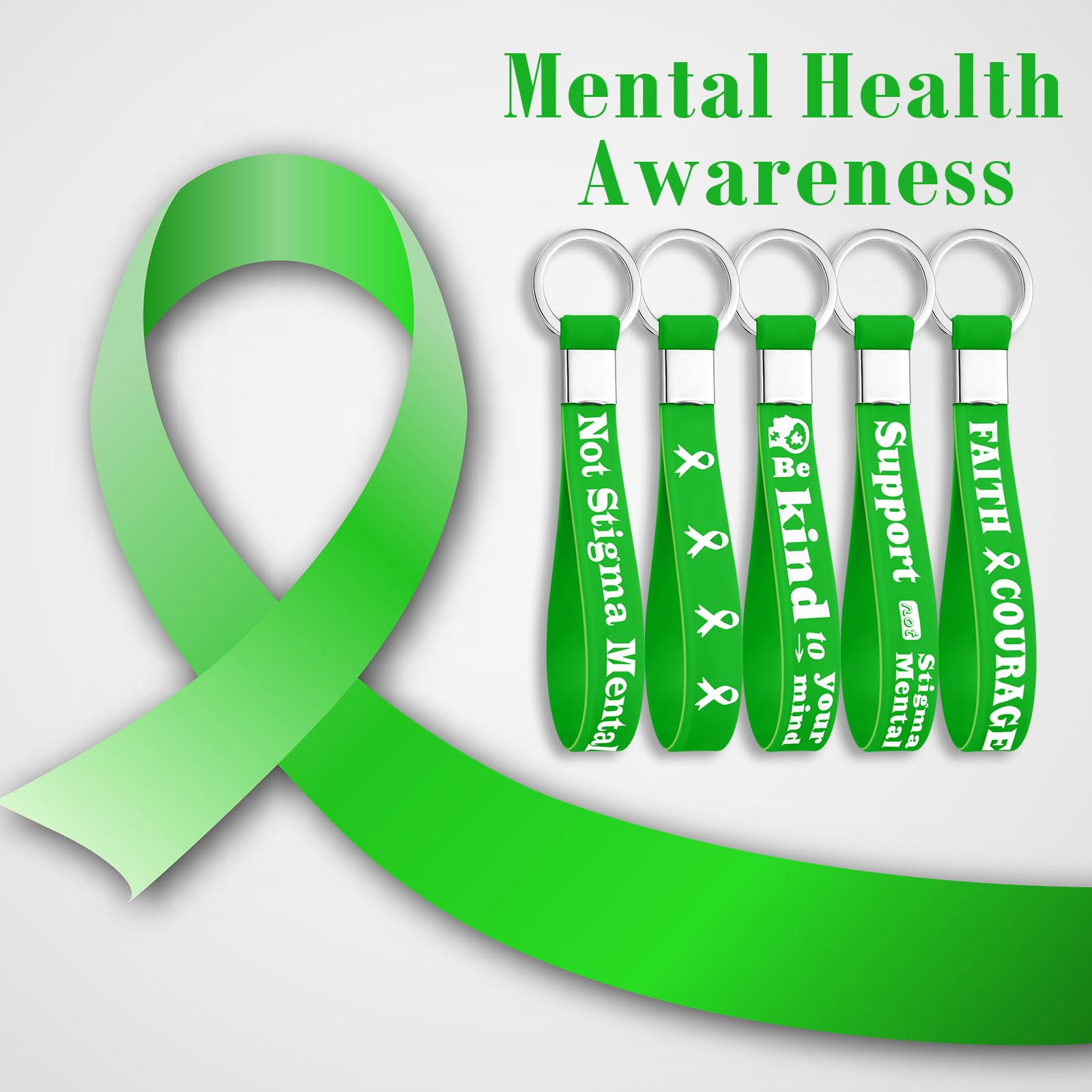 Blueweenly 100 Pcs Mental Health Awareness Silicone Keychains Gifts Green Awareness Ribbon Keychain Green Mental Faith Courage Hope Keychains for Adult Man Woman Gifts