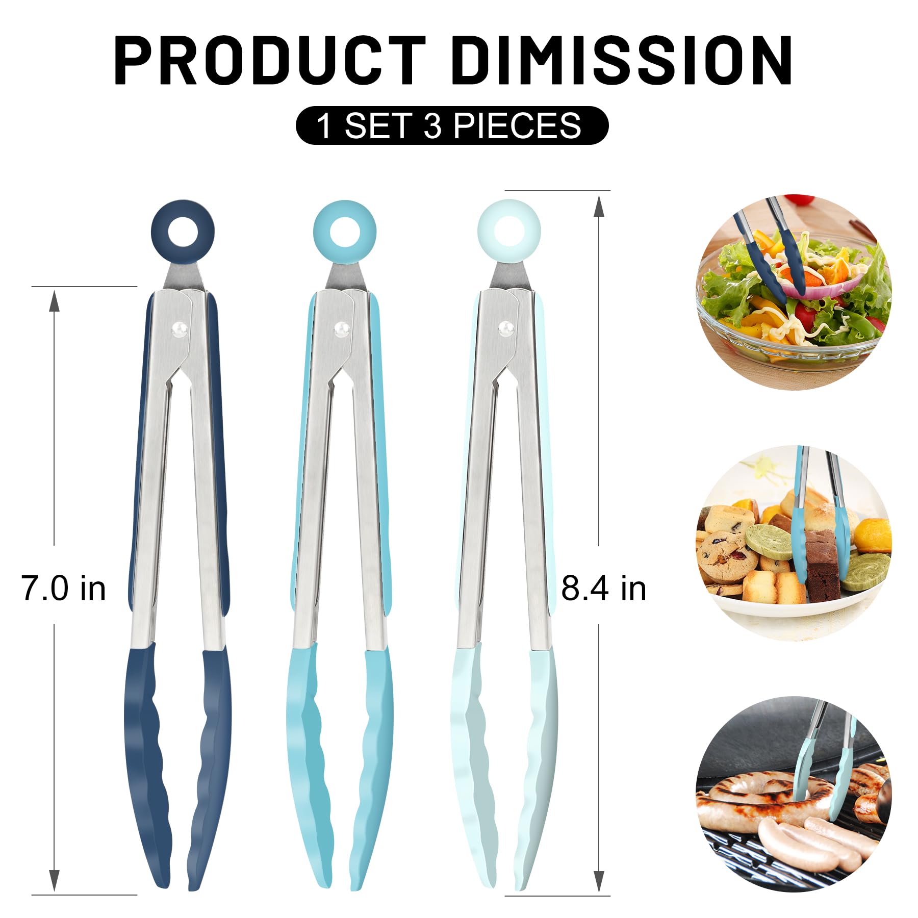 Hotec Mini Silicone Kitchen Tongs for Cooking - 7-Inch Small Serving Tongs with Silicone Tips, Set of 3 (Blue)