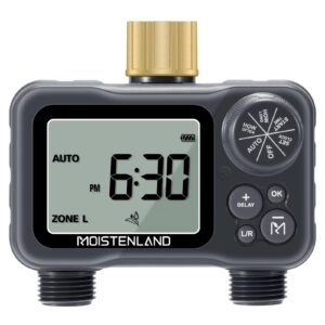 moistenland hose timer with brass swivel, sprinkler timer, with rain delay/manual/automatic watering system,lawn & garden watering equipment,ip54 waterproof, 3.1 inches large screen(2 outlets)