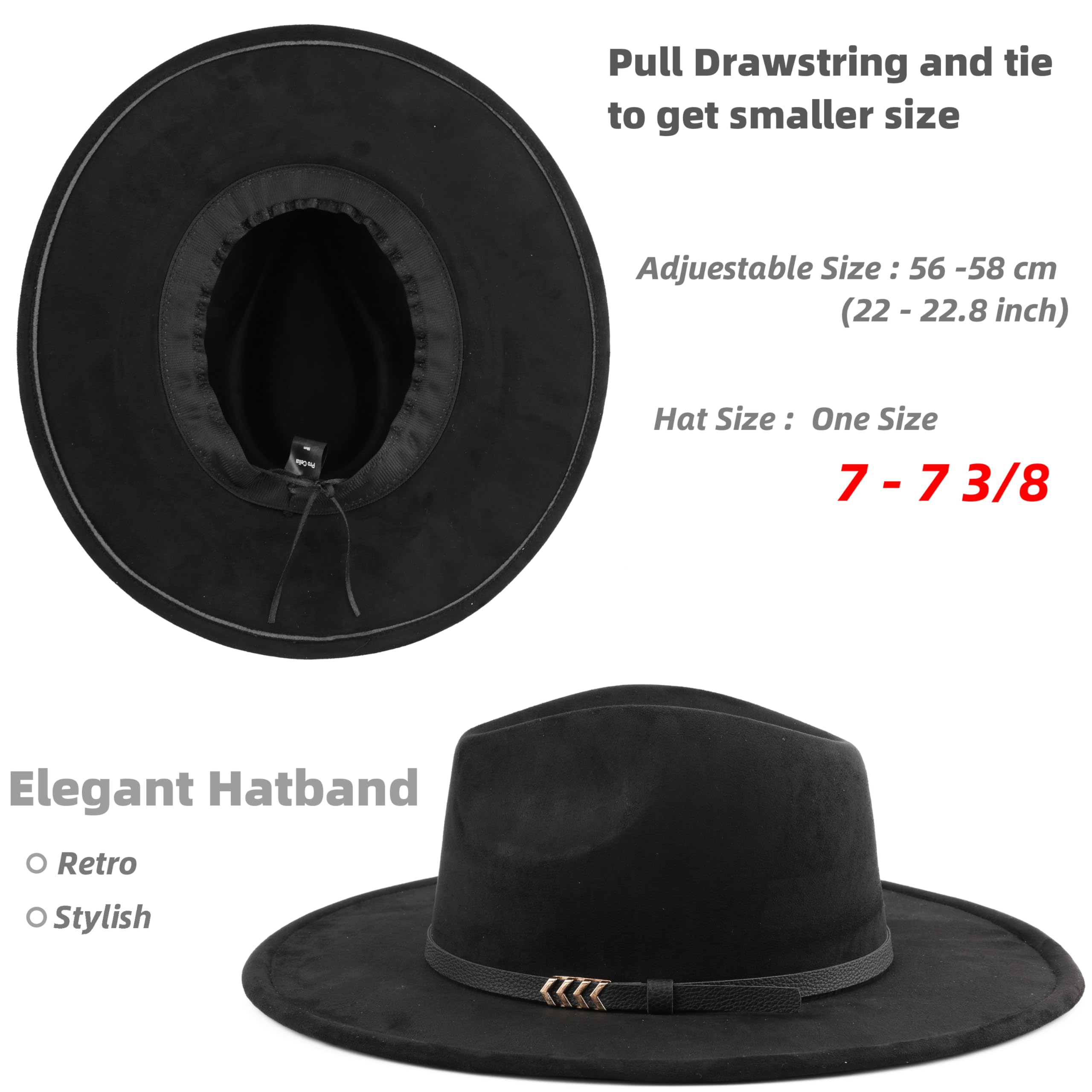 Pro Celia Wide Brim Fedora Hat for Men Women Big Rancher Felt Hat (US, Alpha, One Size, Belt-Black)