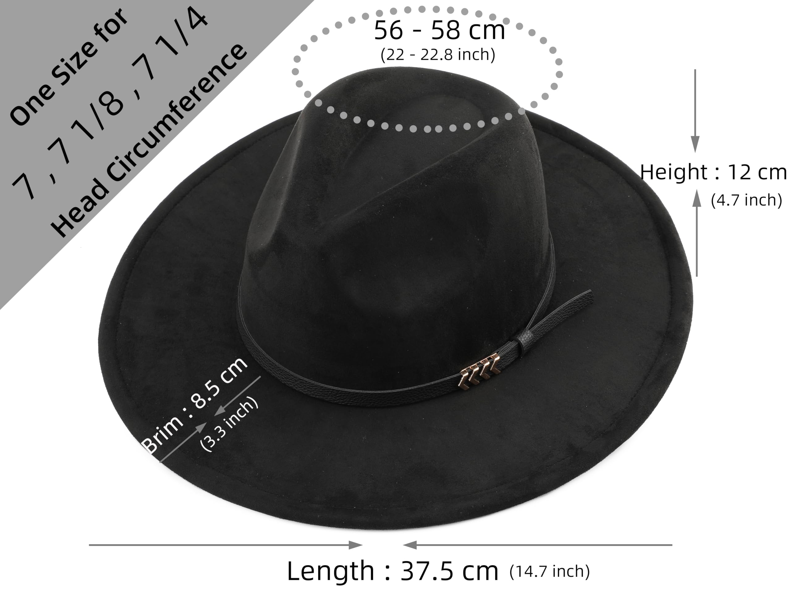 Pro Celia Wide Brim Fedora Hat for Men Women Big Rancher Felt Hat (US, Alpha, One Size, Belt-Black)