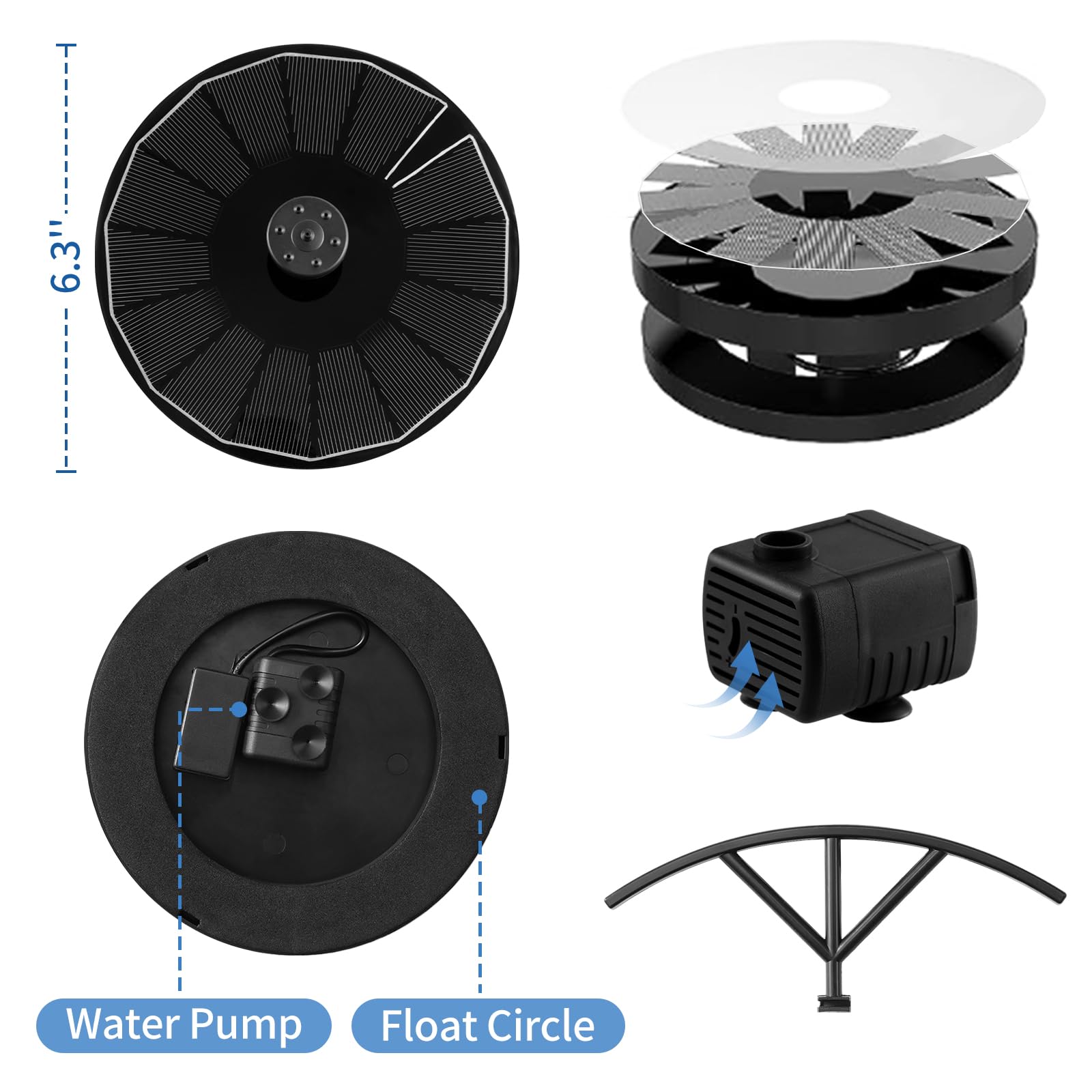 2W Solar Fountain Pump - Upgraded Solar Fountain for Bird Bath with 6 Nozzles, Outdoor Solar Fountain for Bird Bath, Garden, Pond, Pool, Fish Tank