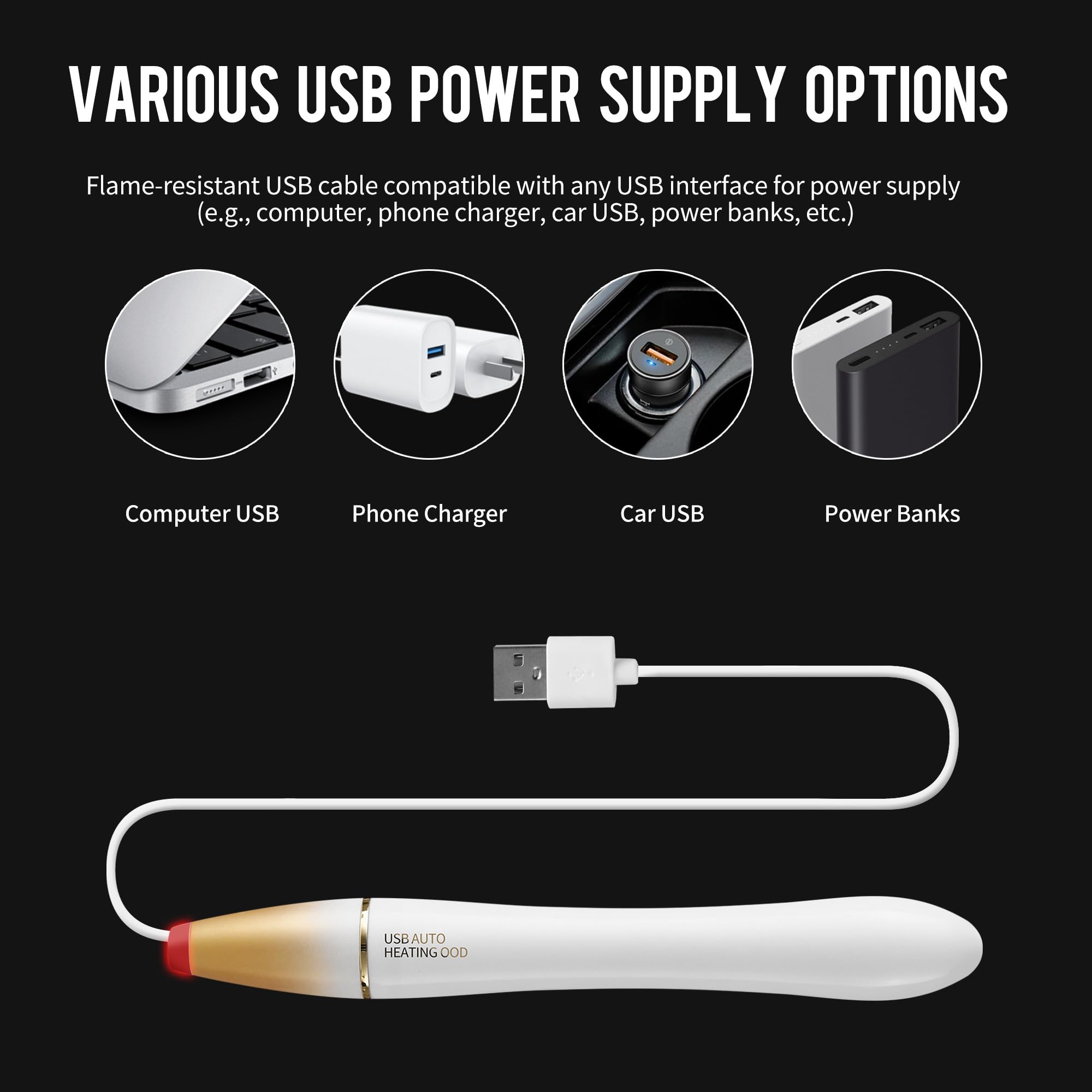 USB Heating Rod for Doll, LED Indicator Portable Toy Warmer, Automatic Temperature Control USB Warmer, Safe, Fast Heating and Waterproof, White, Cable Length 27.6Inch