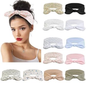 12 pack wild floral bow headbands for women elastic headwraps hair band yoga running sports knotted headband stretchy rabbit ears turban fashion sport cute hair accessories（2024 new）