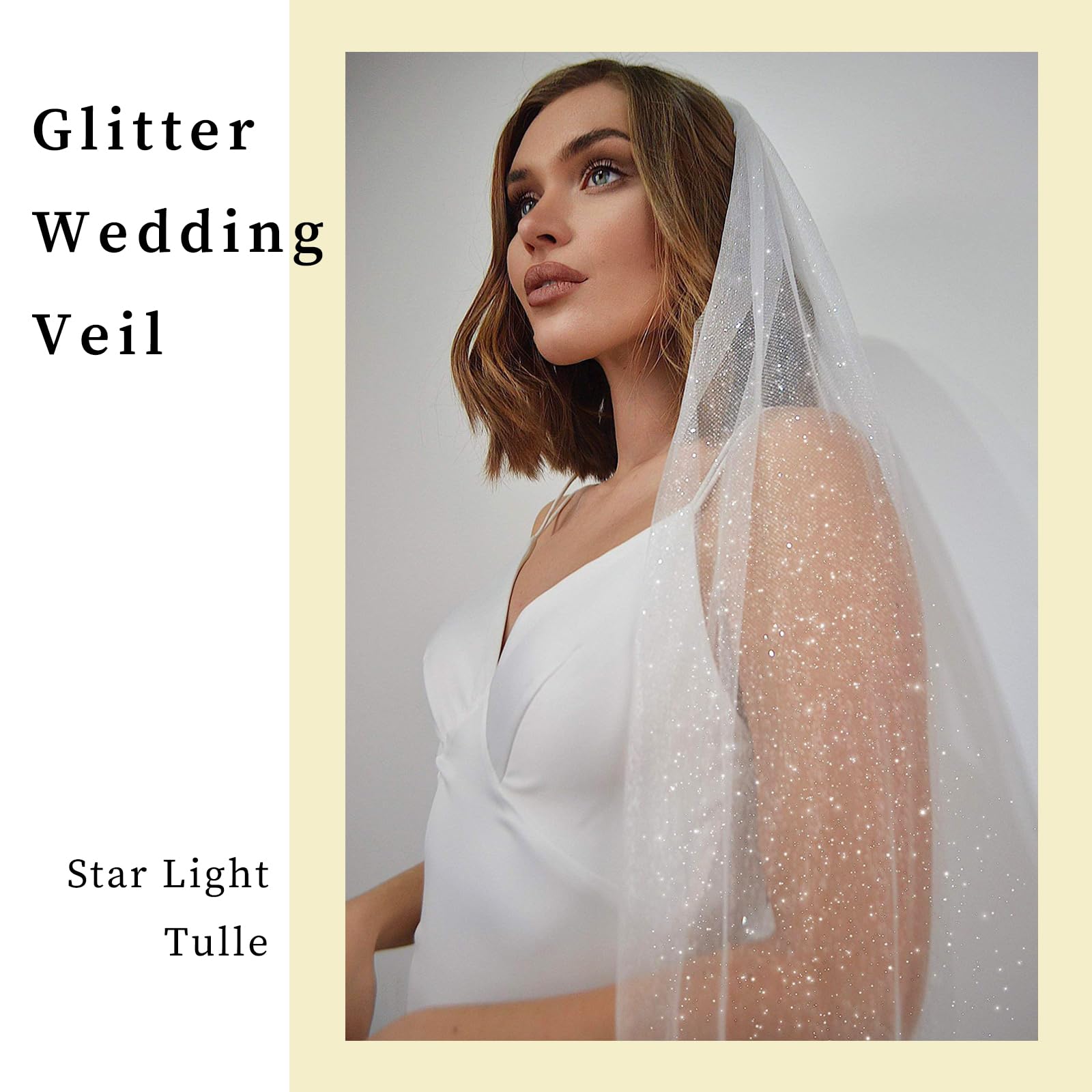 YAEISM Bride Wedding Veil White Glitter Cathedral Veil Sparkly Bachelorette Veil Fingertip Bridal Long Star Light Tulle Veils with Metal Comb for Brides and Women