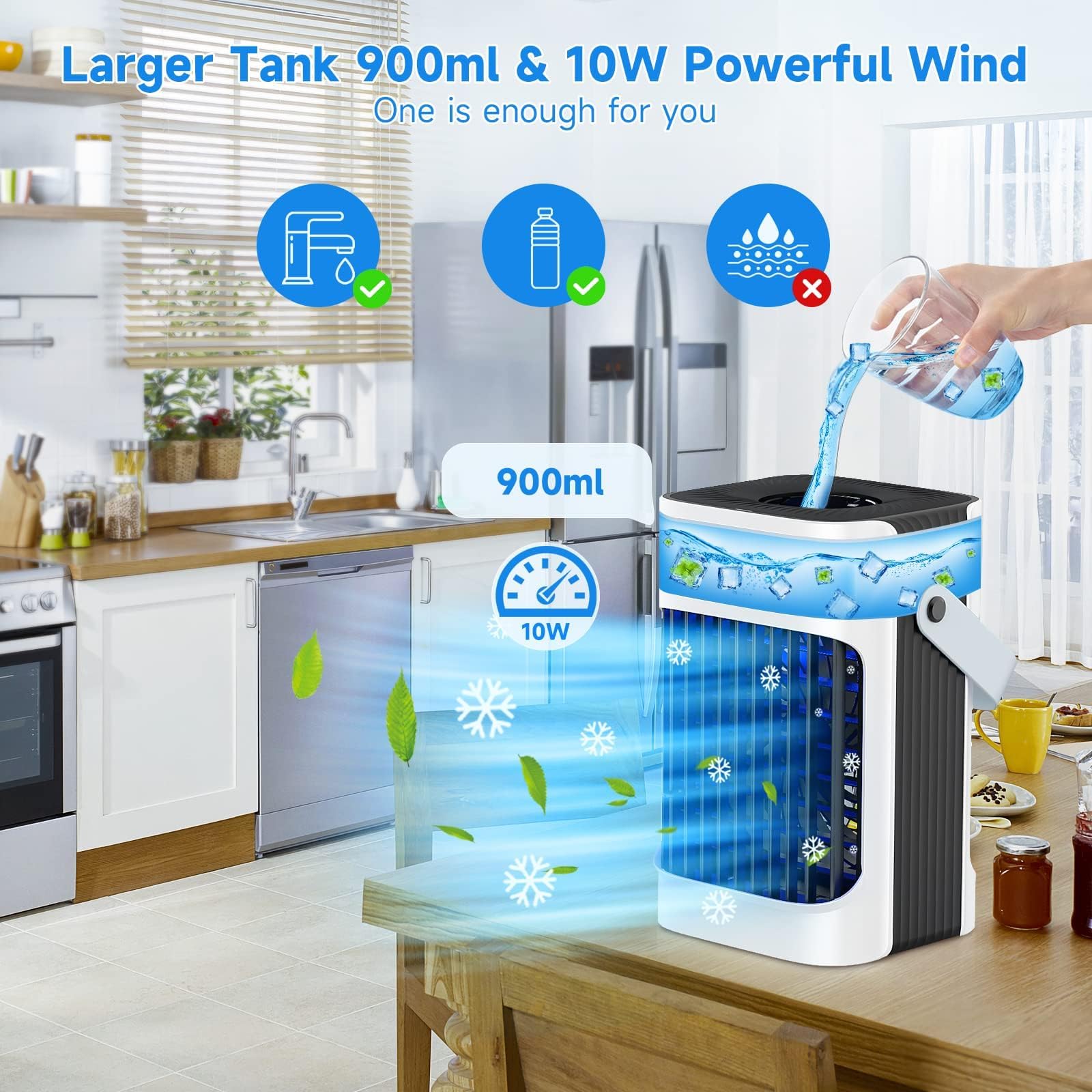 Portable Air Conditioners, TIOKVIOP Evaporative Air Cooler [Upgraded 10W & 3 Cool Mist] 3 in 1, 3 Wind Speed & 7 LED Light, 3 Cool Mist & 2-8H Timer Cold AC, Personal Mini Air Cooling Fan for Room