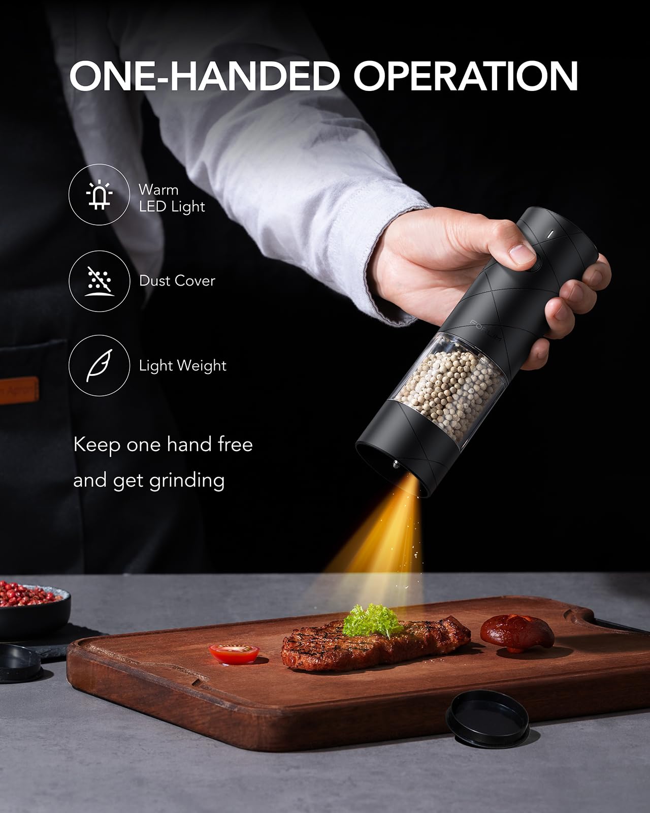 FORLIM Electric Salt and Pepper Grinder Set, USB Rechargeable, Automatic Salt Pepper Mill Grinder with Dust Cover, One-Button Control, Adjustable Coarseness, Warm LED Light (2 Packs, Black&White)