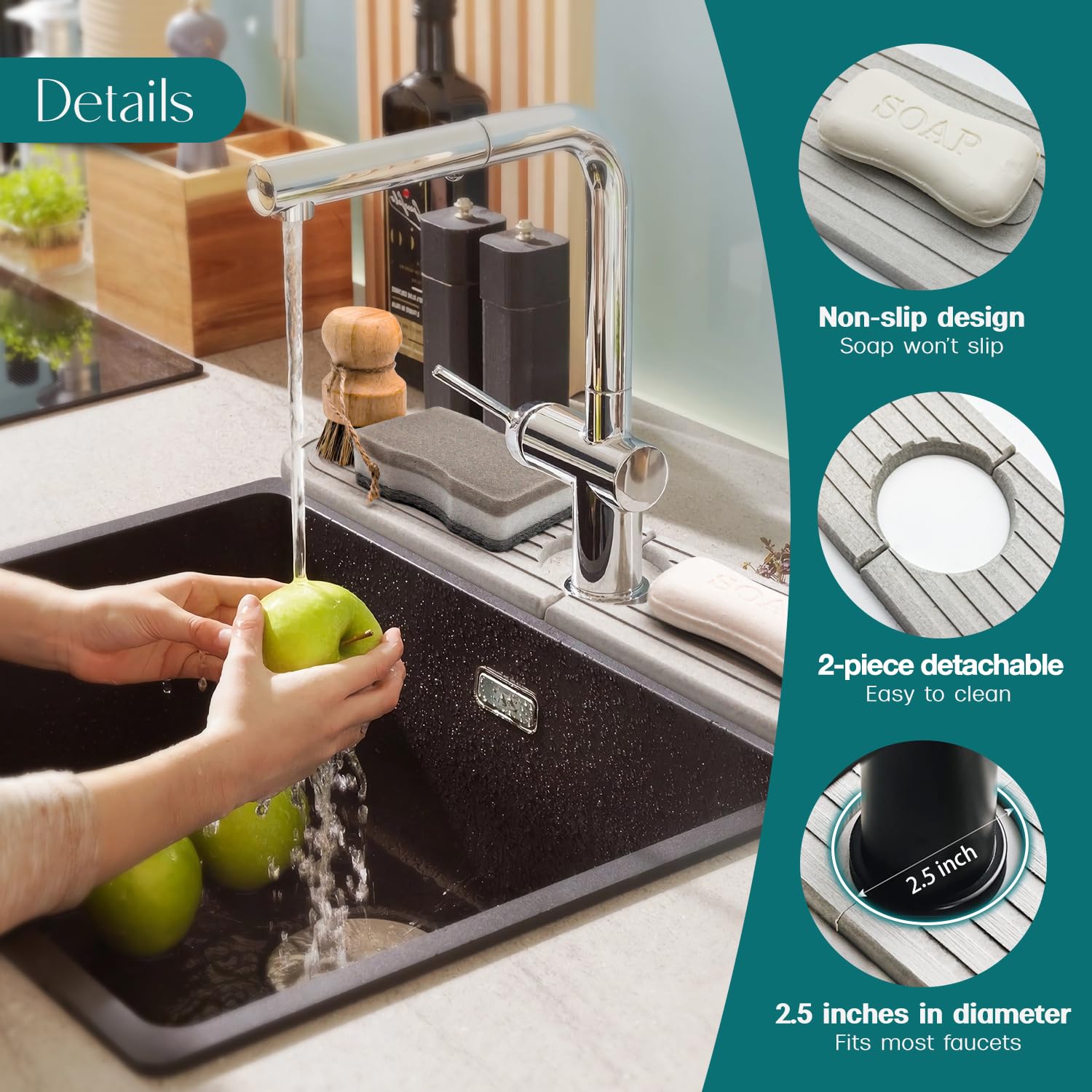 eormoe Kitchen Faucet Splash Guard - Diatomite Stone Sink Tray, Faucet Absorbent Mat for Bathroom Counter [Light Grey, 17.7" x 3.9"]