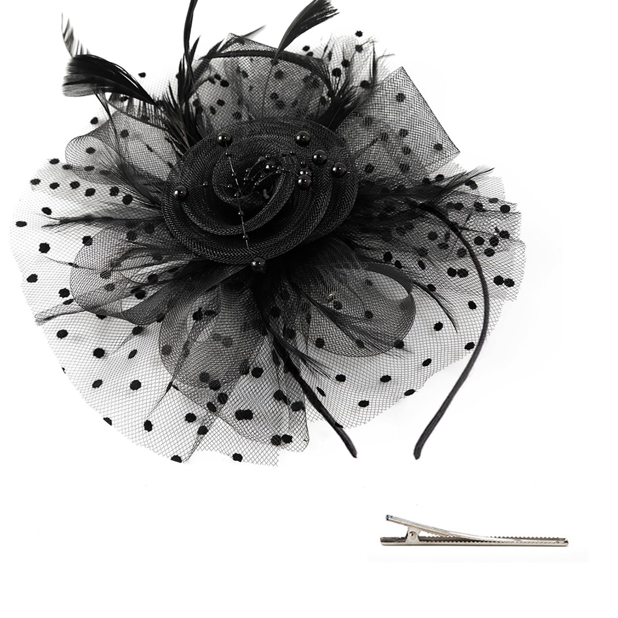 Fascinators Hat for Women Tea Party Headband Kentucky Derby Wedding Flower Cocktail Mesh Feathers Hair Clip Black