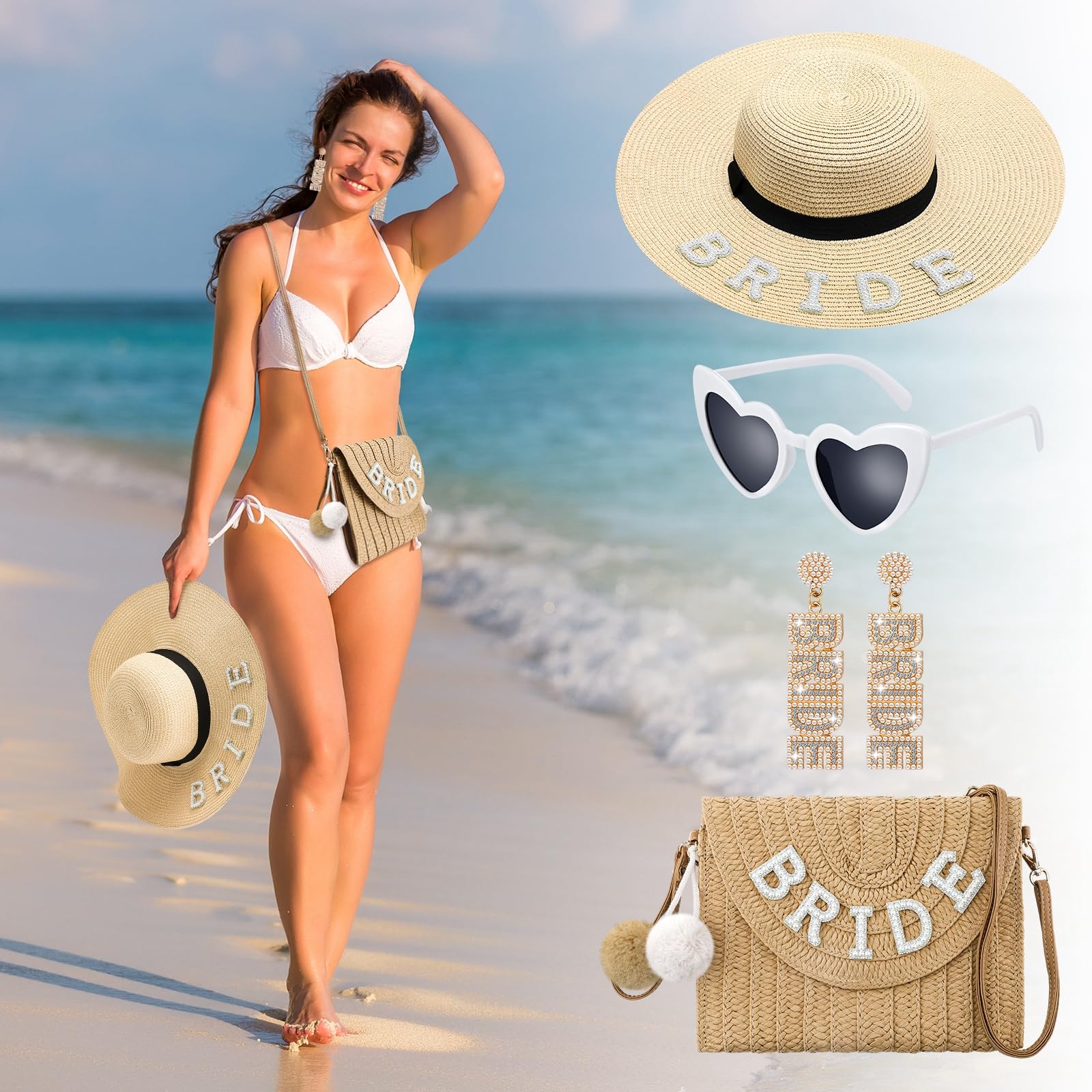 Bunnycool 4 Pcs Bridal Shower Gifts Set Bride Sun Hat Straw Shoulder Bag Heart Sunglasses Rhinestone Bride Earrings Bachelorette Gifts for Bride Wife Wedding Honeymoon Summer Beach Present