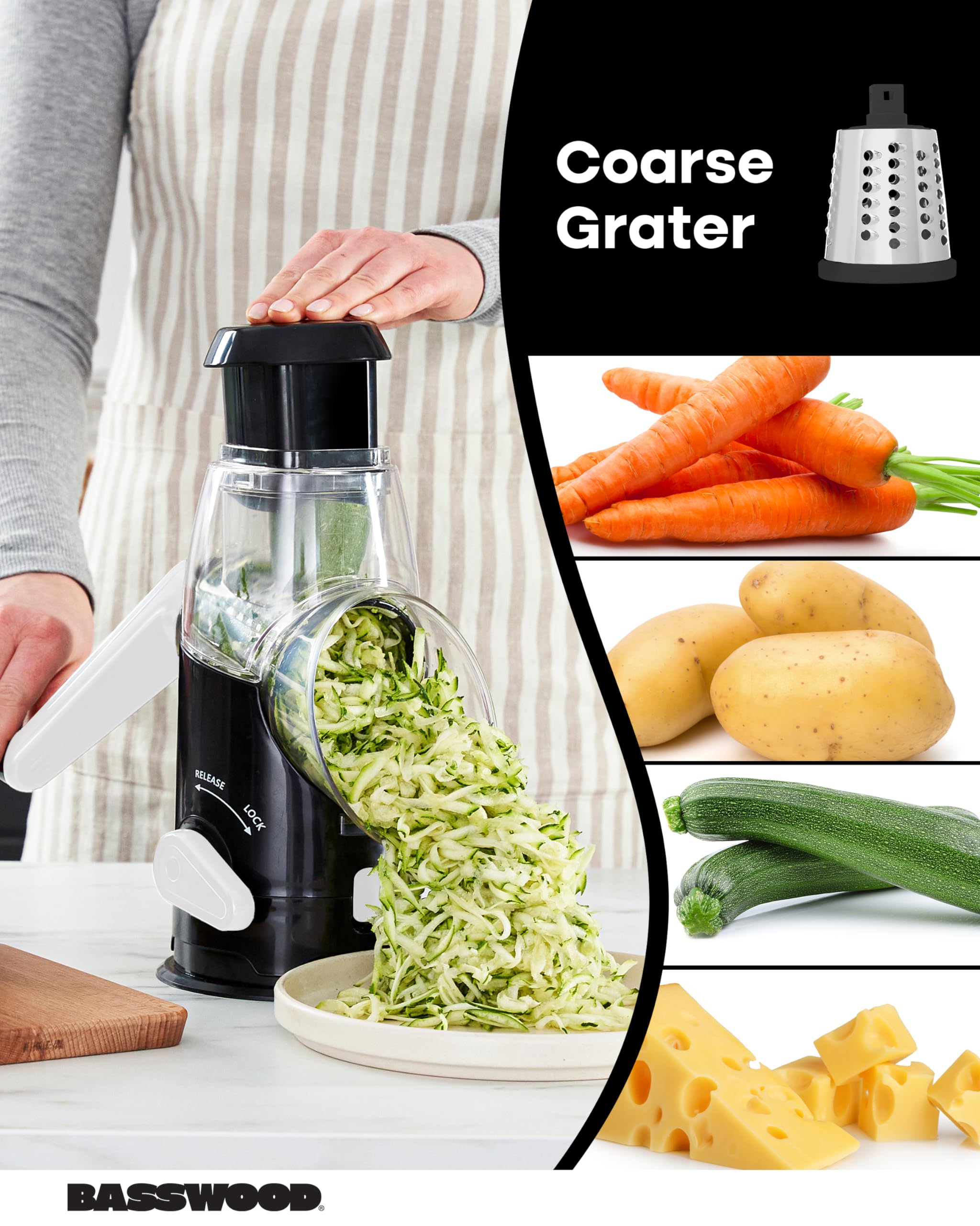 BASSWOOD Rotary Cheese Grater with Handle - Mandoline Slicer with 3 Stainless Steel Drum Blades-Vegetable Slicer Walnuts Grinder Cheese Shredder Round Mandoline with Peeler (Black)