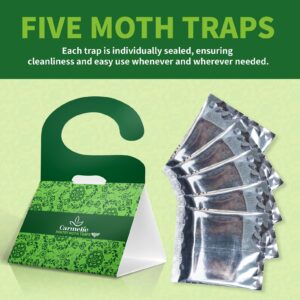 Carmelie Moth Traps, Pantry Moth Traps with Pheromones Prime, 5 Moth Traps for Meal Moth Killer, Sticky Glue Flies Pest Food and Cupboard Moth Killer, Hook Design for Indoor Kitchen Closet, Non-Toxic