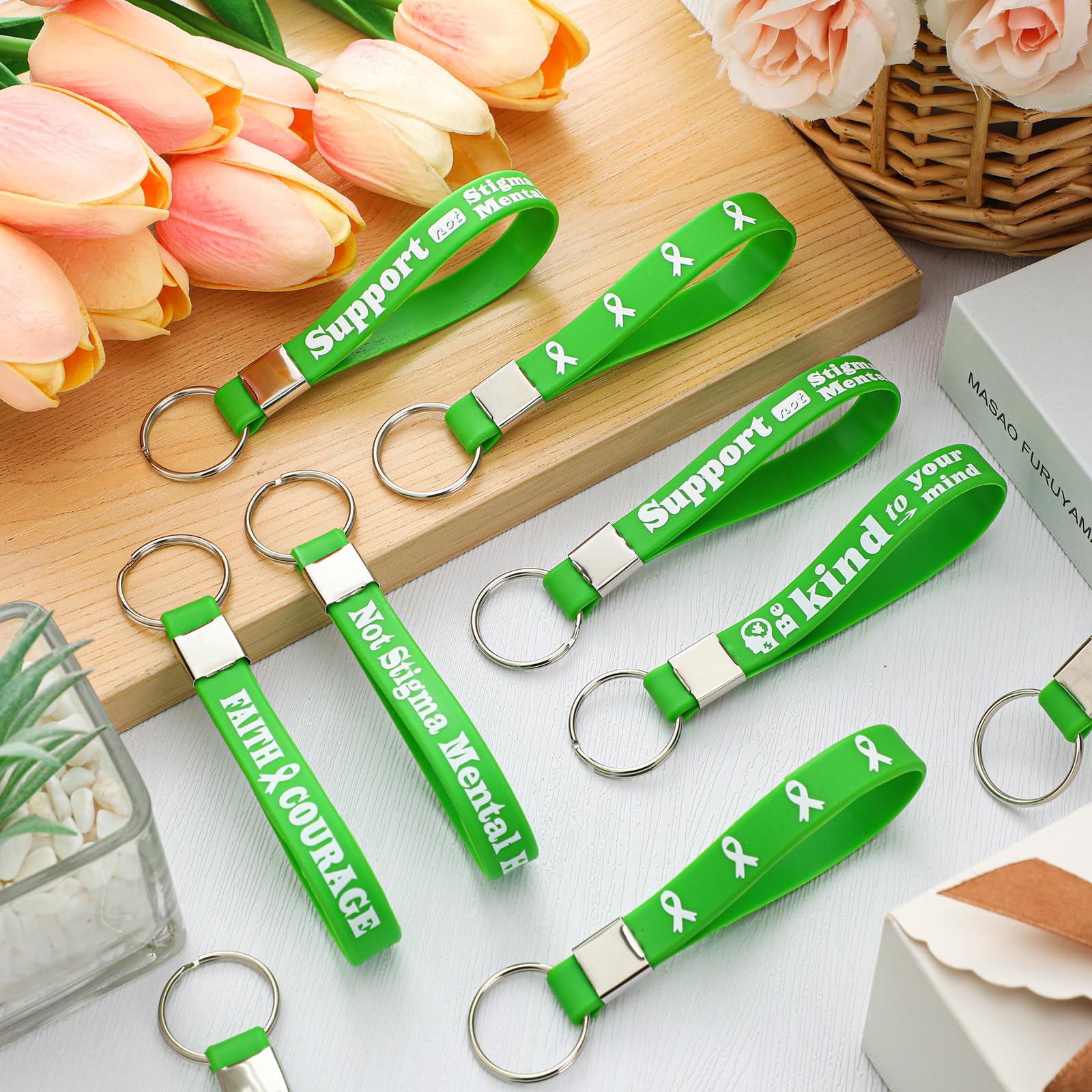 Blueweenly 100 Pcs Mental Health Awareness Silicone Keychains Gifts Green Awareness Ribbon Keychain Green Mental Faith Courage Hope Keychains for Adult Man Woman Gifts