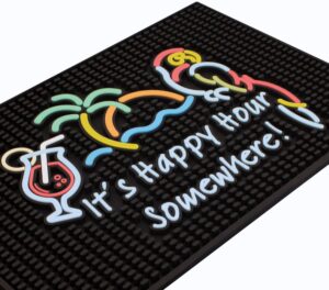 tiki bar happy hour sign rubber bar mat for bartending 18x12 in, it's happy hour somewhere outdoor tiki bar decor, bar mats for countertop, bar mat for home bar, bartender mat, home bar accessories