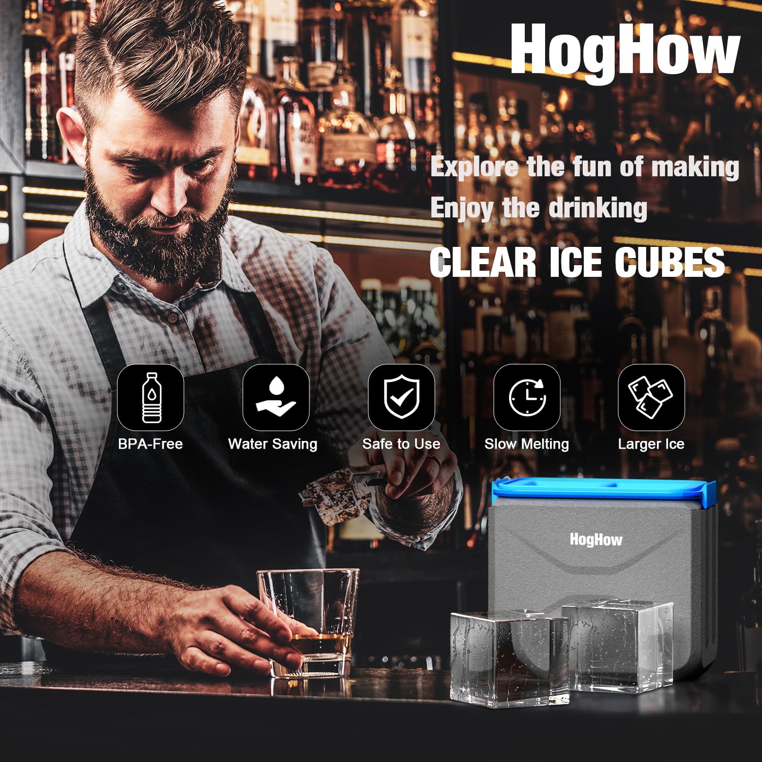 Clear Ice Cube Maker,Crystal Clear 2 Inch Ice Tray Silicone,4 Large Ice Cubes Mold for Whiskey,Cocktails,Bourbon and Drink,Gifts for Men(1PC)