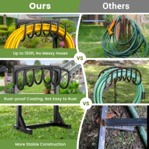 Pattiumo Garden Hose Holder Freestanding, Water Hose Holders for Outside with 4 Spikes, Outdoor Garden Hose Storage Heavy Duty 150ft Hose Hanger Metal Hose Stand Detachable Hose Reel Rack Organizer