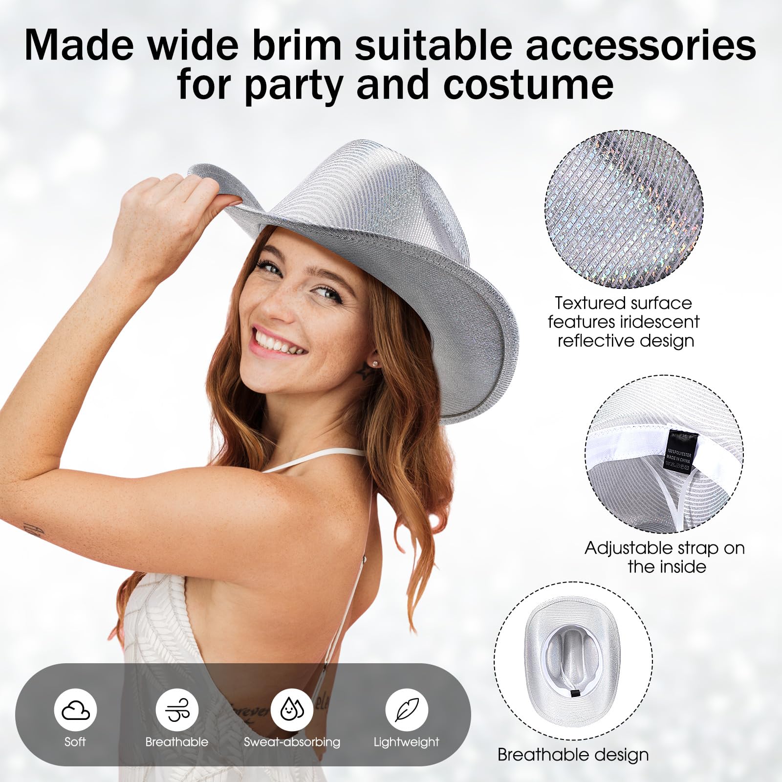 Silicherry 4 Pcs Halloween Cowgirl Hat Sequin Bling Cowboy Hats DIY Shiny Disco Western Hats for Women Men Cosplay Party(Silver)