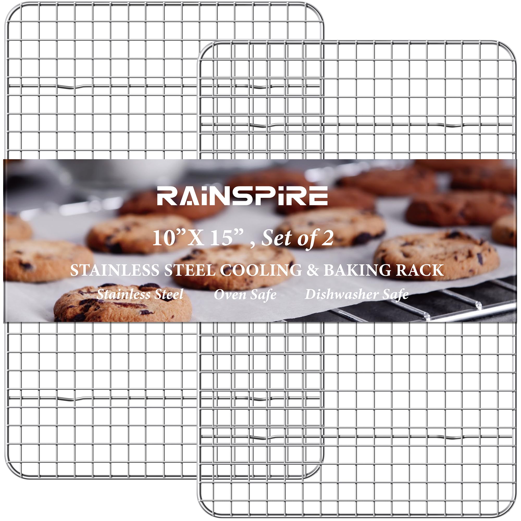 Rainspire 2-Pack Cooling Rack 10" x 15" Stainless Steel Heavy Duty Cooling Racks for Cooking and Baking Oven Safe Wire Rack for Cooking Baking Rack for Oven Cooking Fits Jelly Roll Pan