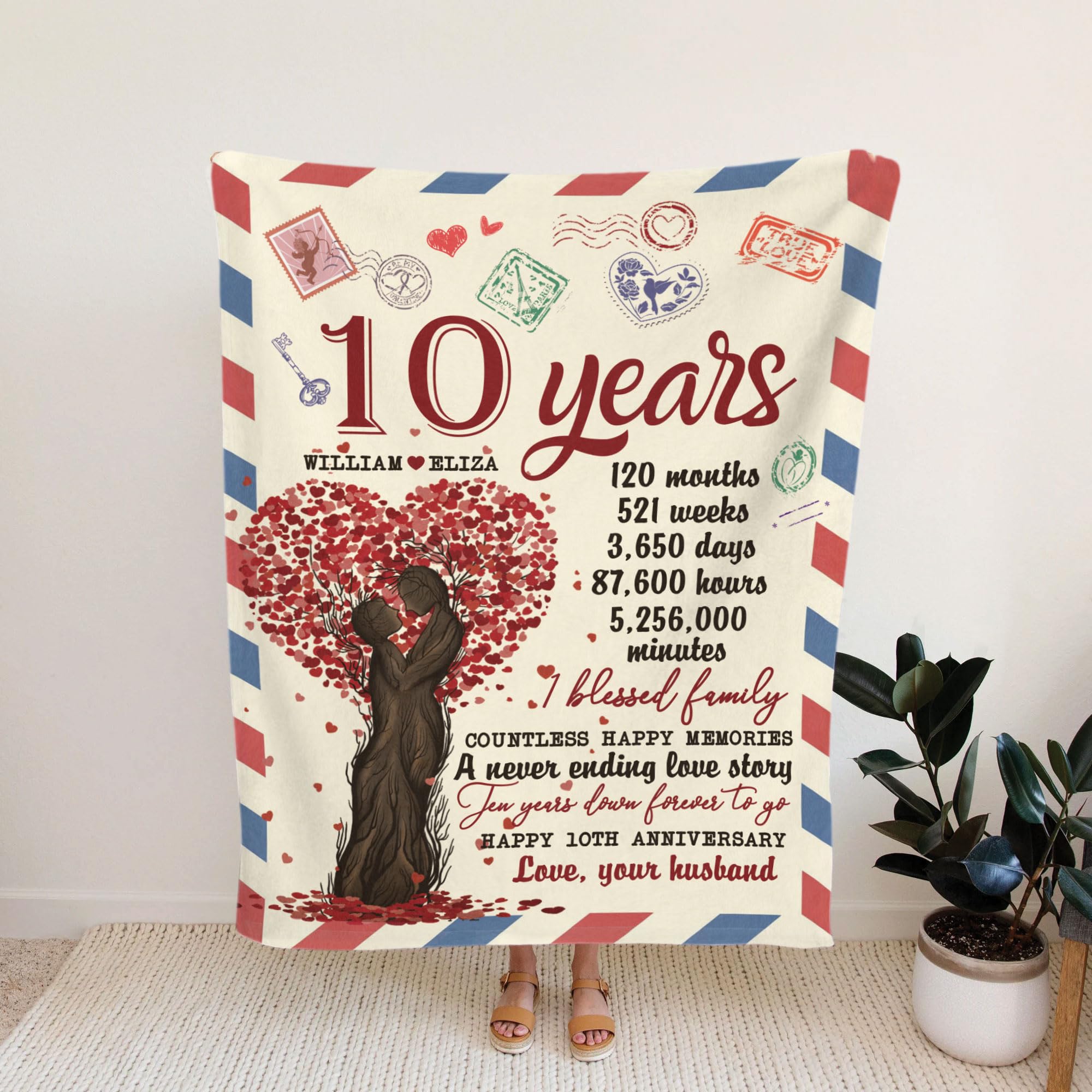 MUCHNEE Personalized 10th Wedding Anniversary Throw Blanket, Happy 10th Wedding Blanket Gifts for Couple, Romantic Marriage Gifts for Wife Husband Him Her on Birthday Valentines Day Christmas