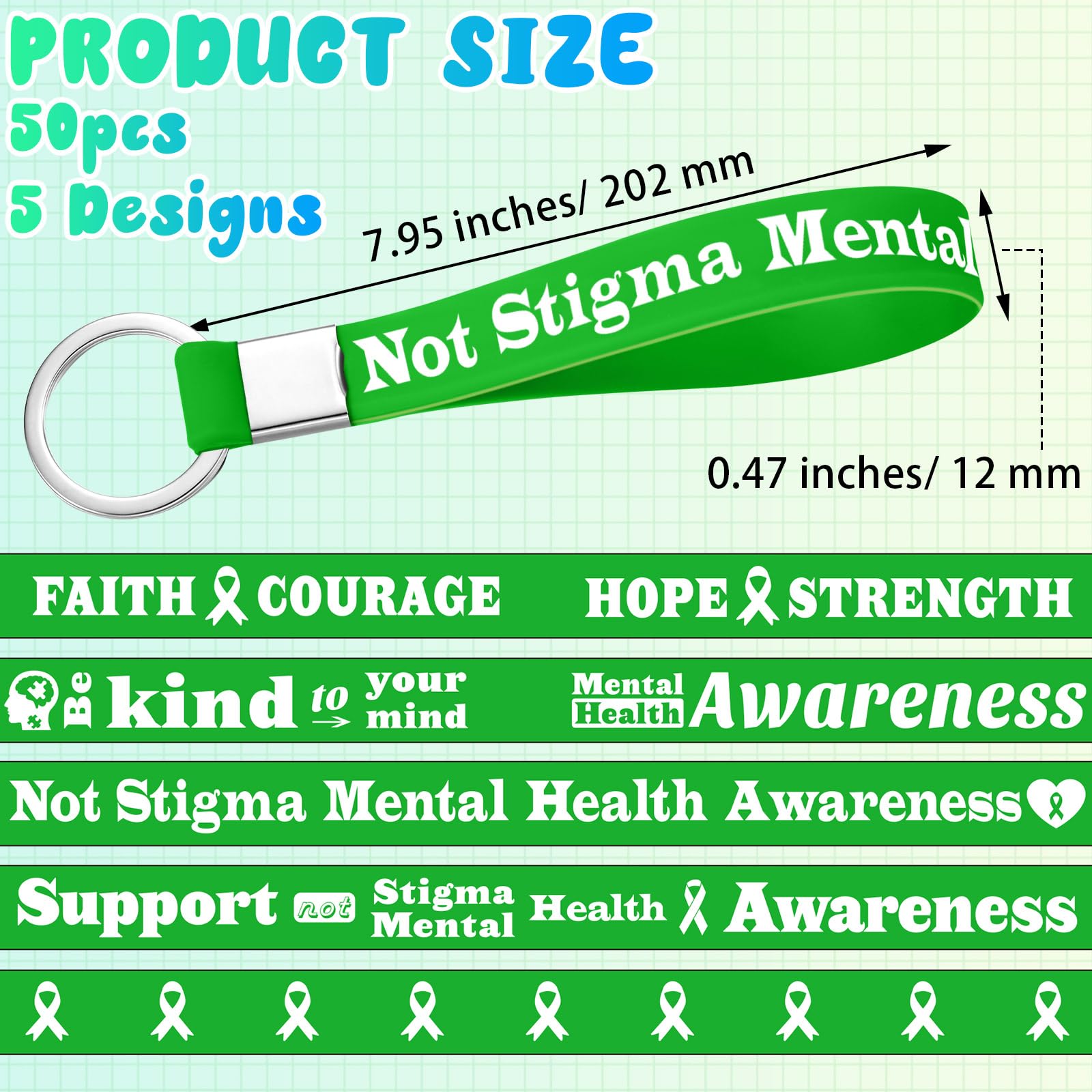 Blueweenly 100 Pcs Mental Health Awareness Silicone Keychains Gifts Green Awareness Ribbon Keychain Green Mental Faith Courage Hope Keychains for Adult Man Woman Gifts