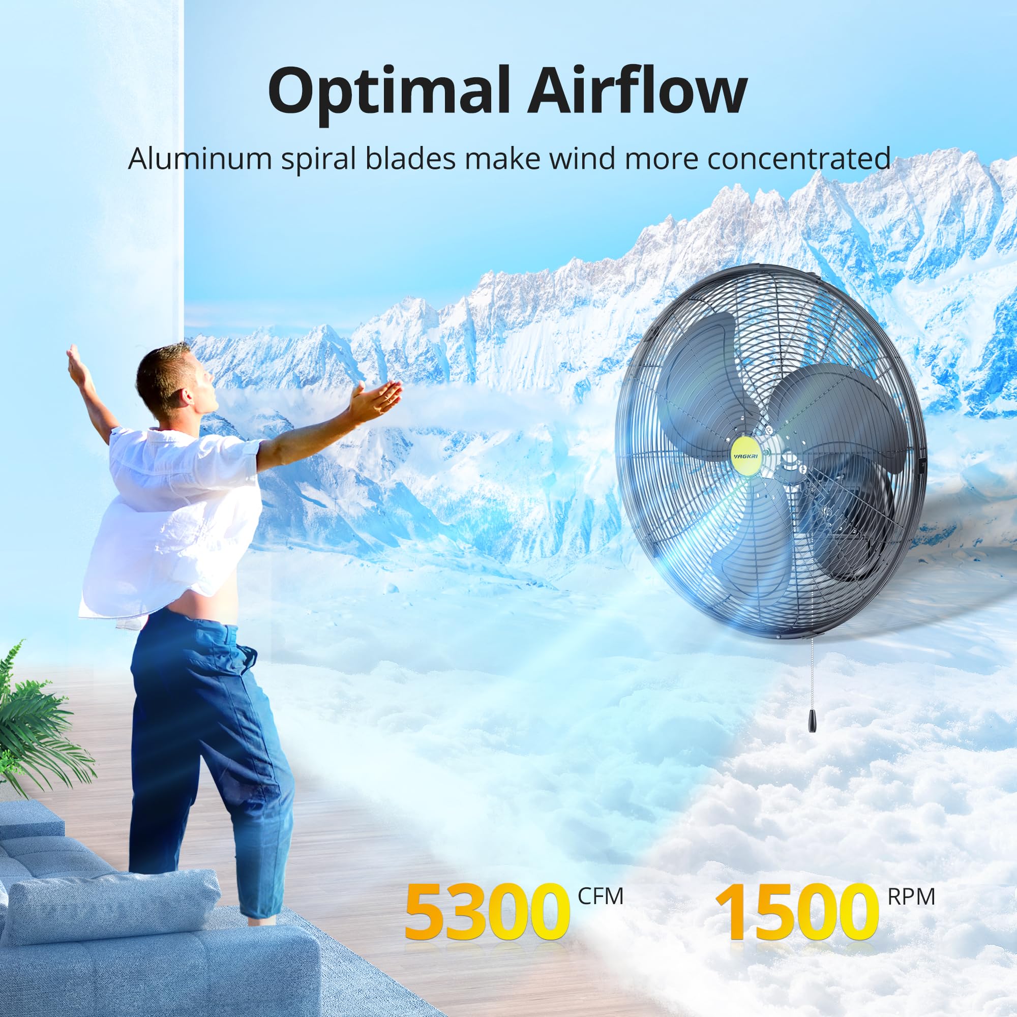 VAGKRI Wall Mount Fan, 20 Inch High Velocity Metal Oscillating Fan, 3 Speeds, 5300CFM Industrial Wall Fan for Home Office Patio Garage Factory Greenhouse Warehouse Farm