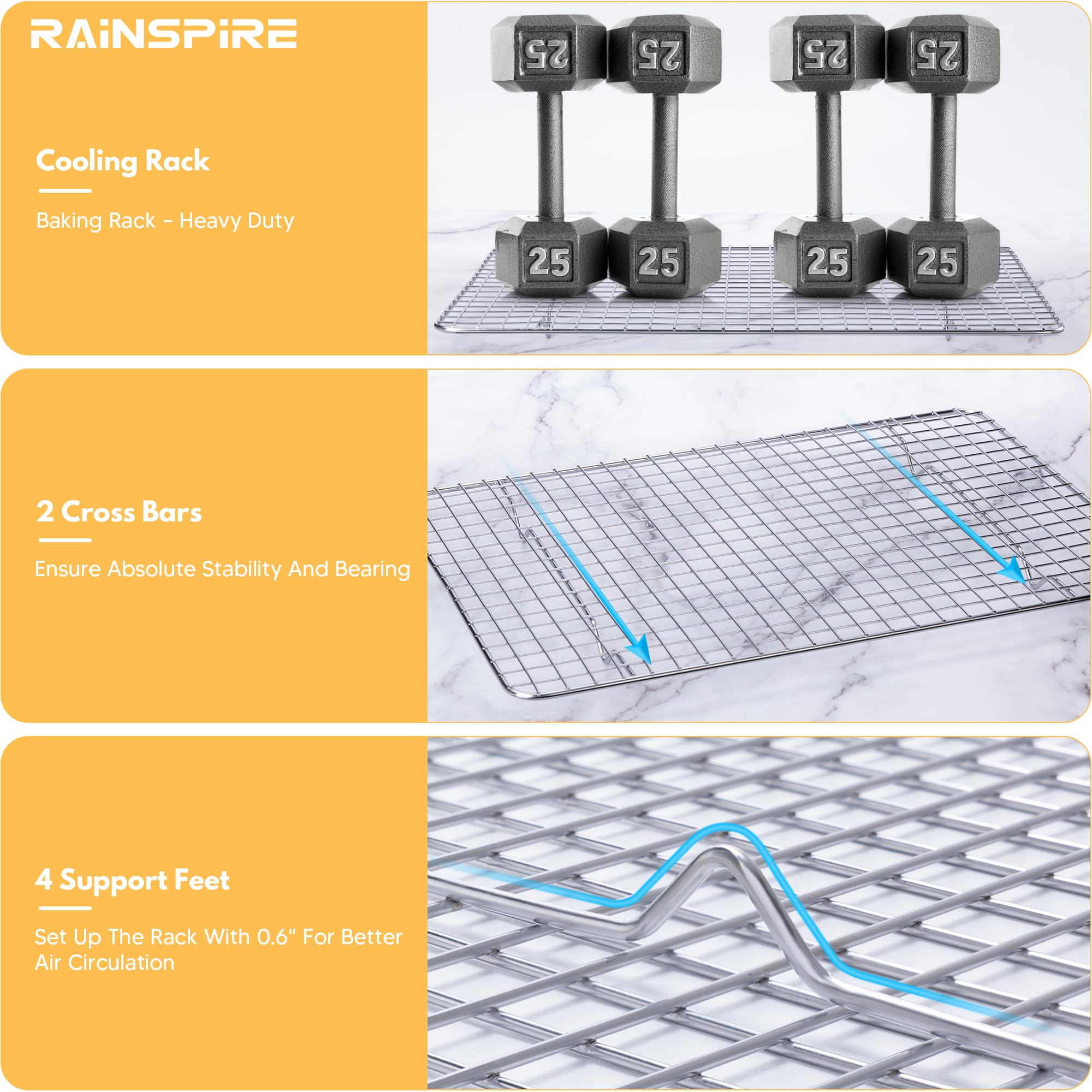 Rainspire 2-Pack Cooling Rack 10" x 15" Stainless Steel Heavy Duty Cooling Racks for Cooking and Baking Oven Safe Wire Rack for Cooking Baking Rack for Oven Cooking Fits Jelly Roll Pan