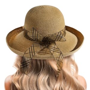 beach hats for women - sun hat womens, wide brim sun straw hat for women with wind lanyard roll up hat uv protection foldable khaki