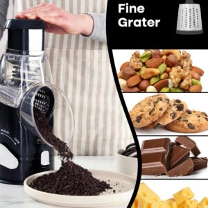 BASSWOOD Rotary Cheese Grater with Handle - Mandoline Slicer with 3 Stainless Steel Drum Blades-Vegetable Slicer Walnuts Grinder Cheese Shredder Round Mandoline with Peeler (Black)