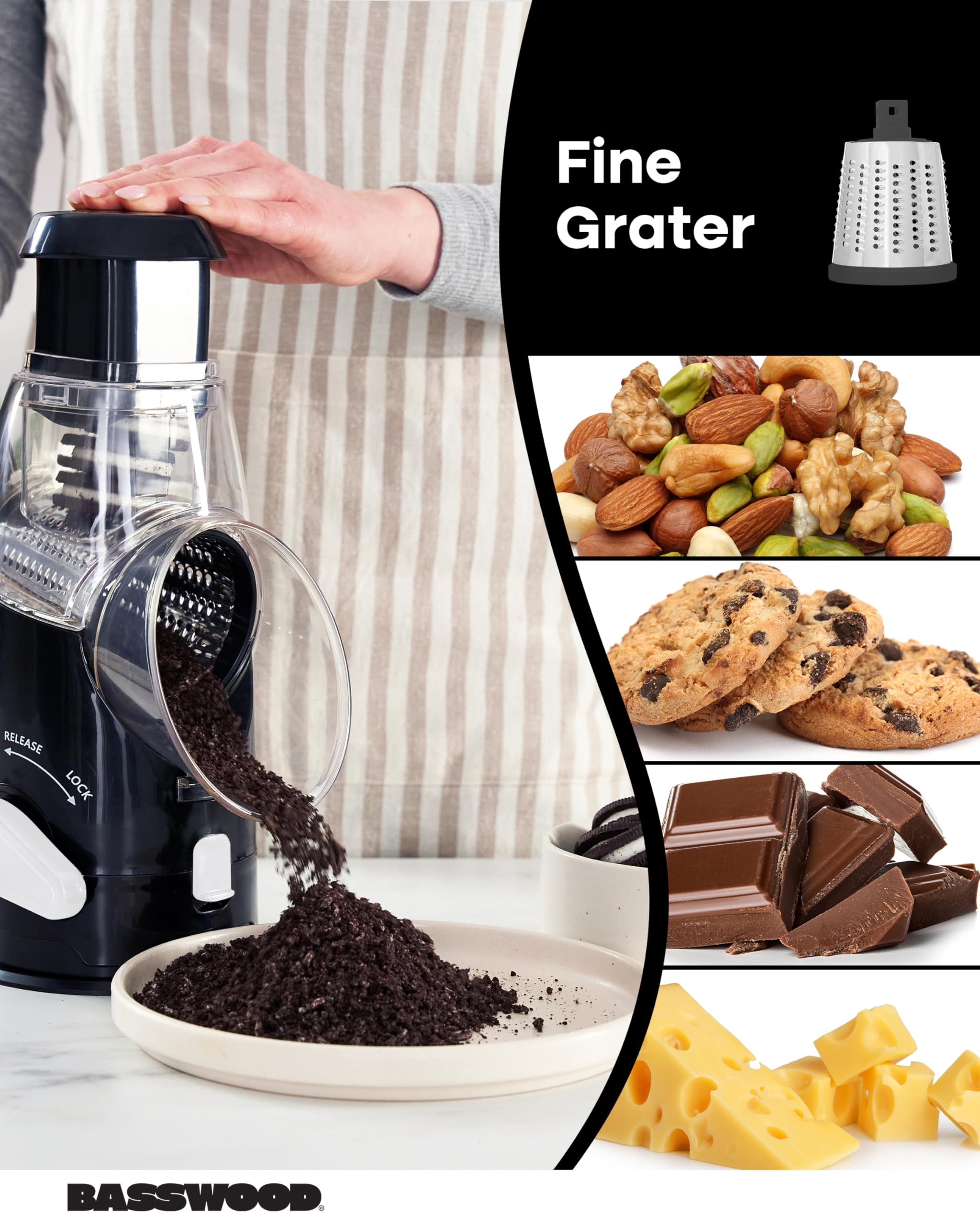 BASSWOOD Rotary Cheese Grater with Handle - Mandoline Slicer with 3 Stainless Steel Drum Blades-Vegetable Slicer Walnuts Grinder Cheese Shredder Round Mandoline with Peeler (Black)