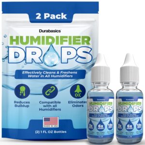 [2 pack] humidifier drops for cleaning - food grade humidifier cleaner slows buildup & scaling - cleans & deodorizes water - suitable for all humidifier models - 200+ day supply - made in usa