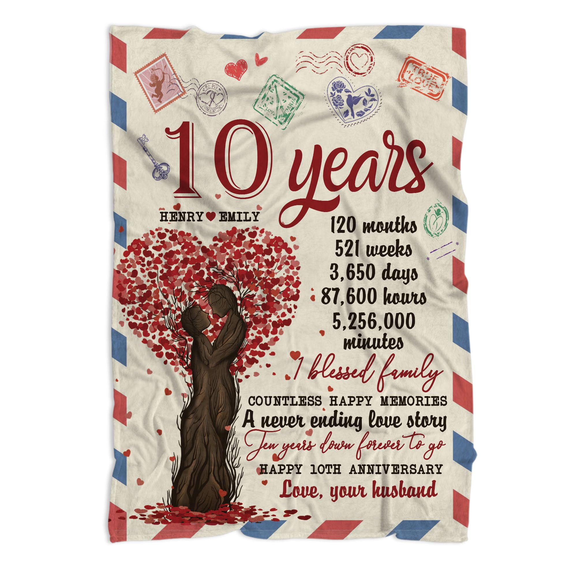 MUCHNEE Personalized 10th Wedding Anniversary Throw Blanket, Happy 10th Wedding Blanket Gifts for Couple, Romantic Marriage Gifts for Wife Husband Him Her on Birthday Valentines Day Christmas