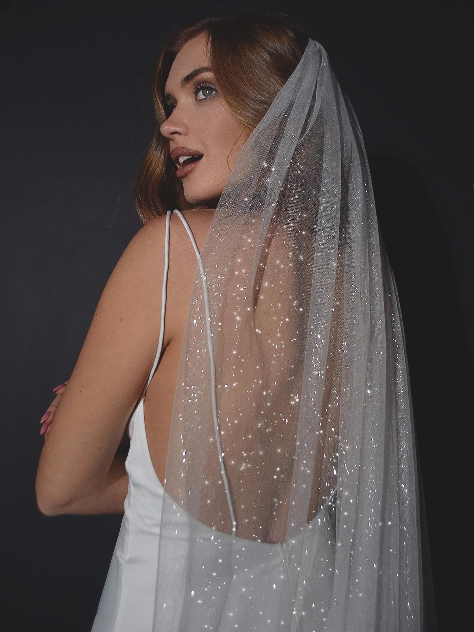 YAEISM Bride Wedding Veil White Glitter Cathedral Veil Sparkly Bachelorette Veil Fingertip Bridal Long Star Light Tulle Veils with Metal Comb for Brides and Women