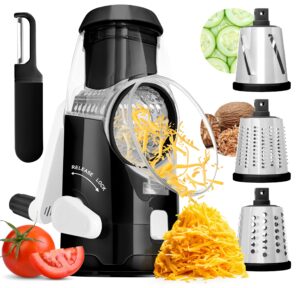 basswood rotary cheese grater with handle - mandoline slicer with 3 stainless steel drum blades-vegetable slicer walnuts grinder cheese shredder round mandoline with peeler (black)