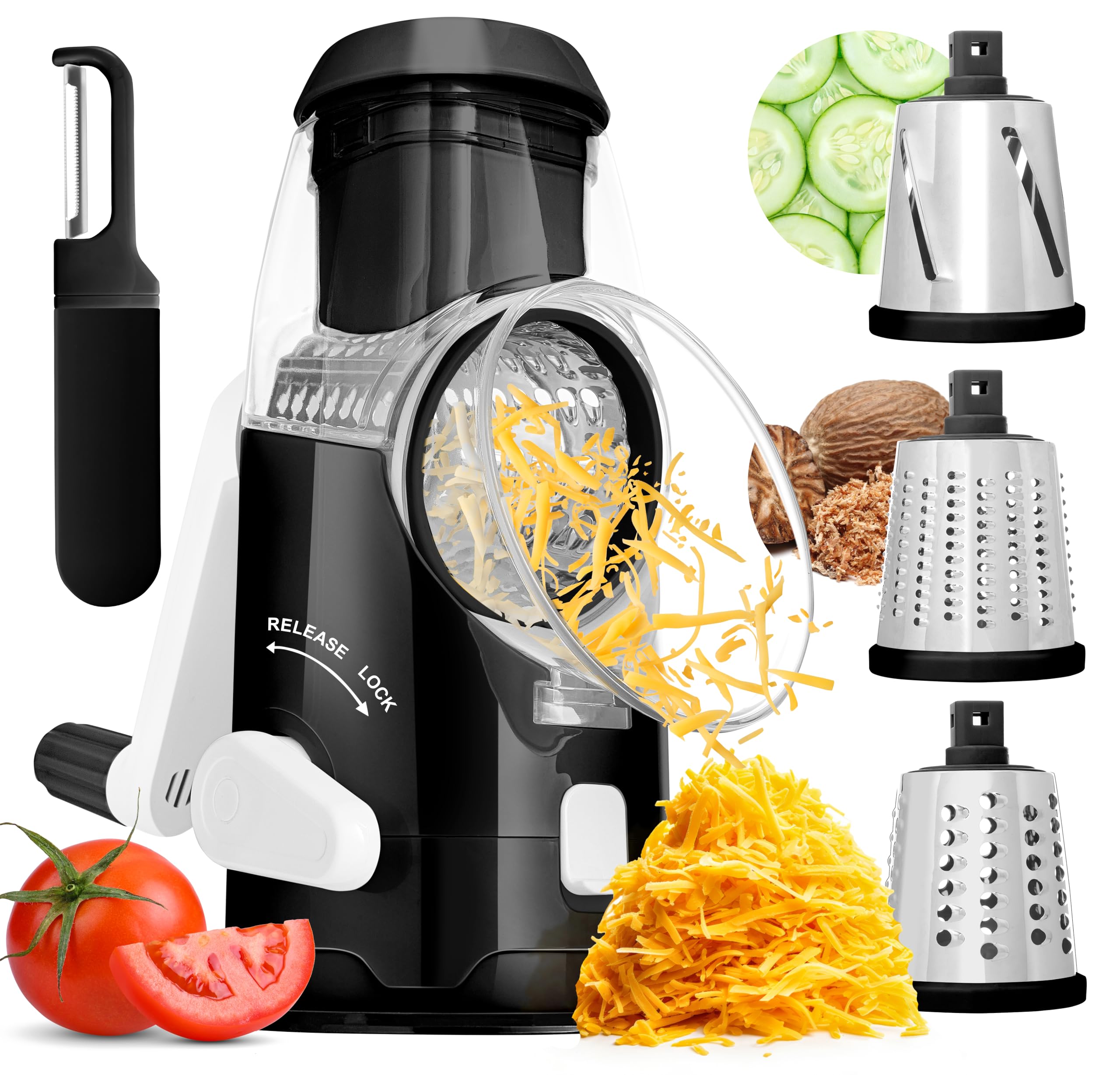 BASSWOOD Rotary Cheese Grater with Handle - Mandoline Slicer with 3 Stainless Steel Drum Blades-Vegetable Slicer Walnuts Grinder Cheese Shredder Round Mandoline with Peeler (Black)