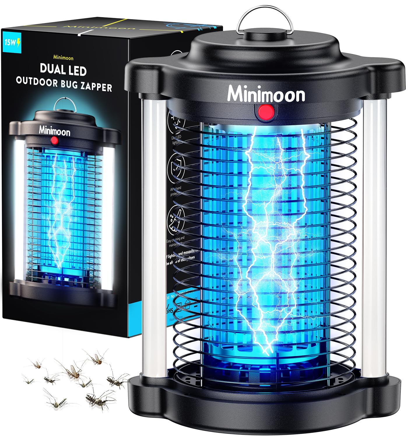 Minimoon Bug Zapper Outdoor, Upgraded Mosquito Zapper with Dual LED Light, 4200V Fly Zapper, 15W Electric Fly Traps Outdoor, IPX4, 8.2Ft Cord, Insect Trap for Yard, Backyard, Patio