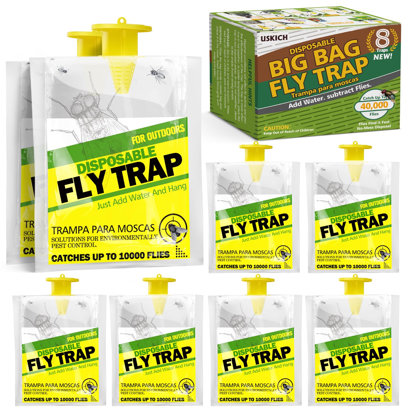 8 Pack Outdoor Hanging Fly Traps, Disposable Flies Killer Trap Bag Catcher with Natural Attractant Bait Bug Catcher and Flying Insect Trap for Outdoor Family Farm Park Orchard Garden