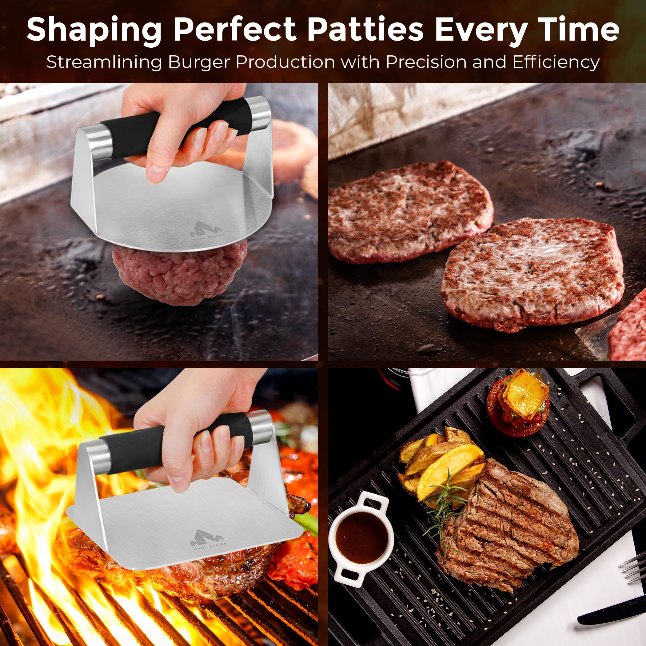 Smash Burger Press Pack of 2 – Round and Square Meat Masher with Silicone Handles – Non-Stick Steel Hamburger Press with 100Pcs Parchment Papers – Burger Smasher for Hamburger Patties- Gift