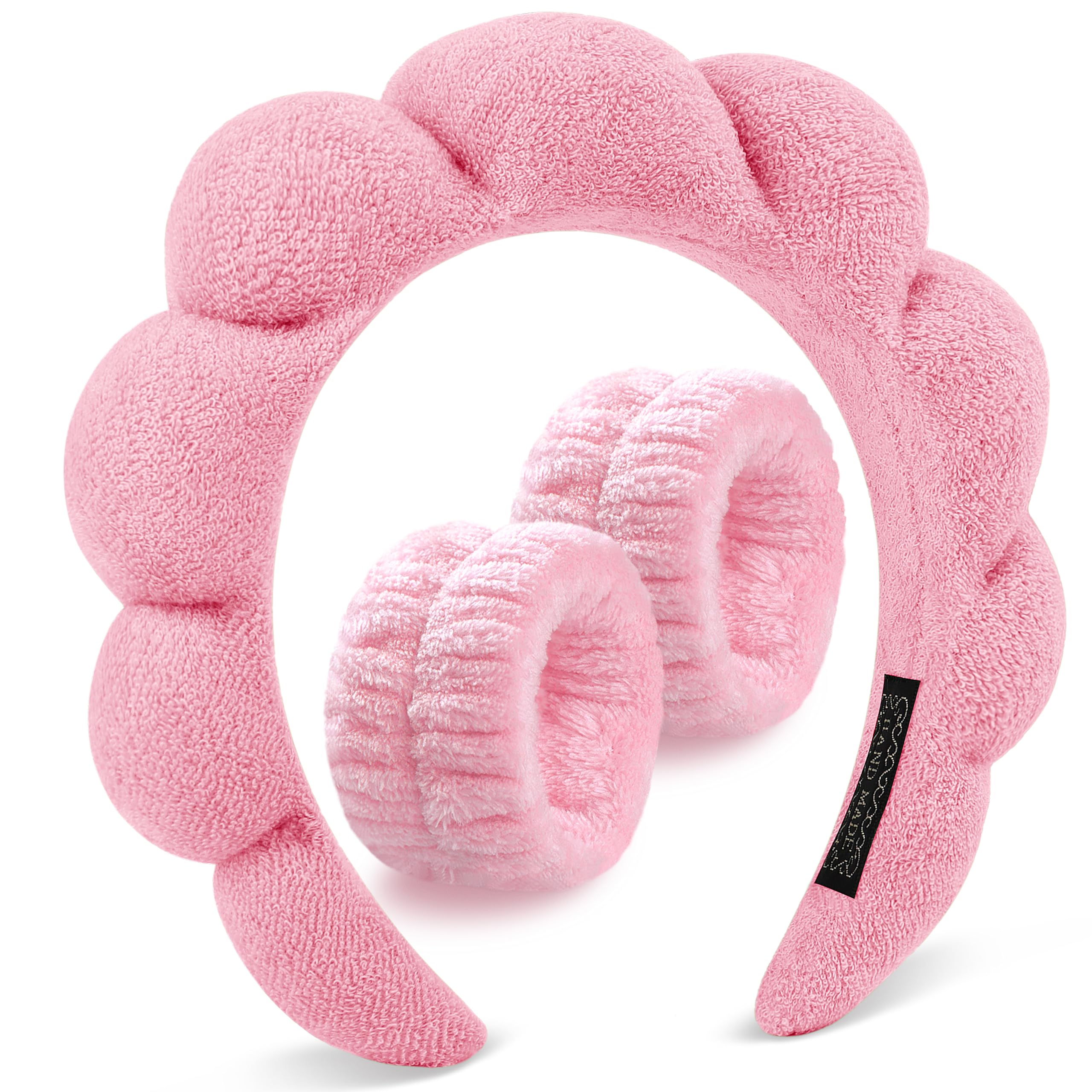 DOMMARE Headband For Washing Face Bubble Skincare, Spa Headbands For Women Wristband Set, Makeup Hairband Teen Girl Gifts, Terry Cloth Puffy Get Ready Hair Accessory(Pink)