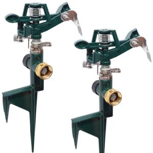 biswing 2 pack impact sprinkler head on metal step spike, heavy duty zinc alloy lawn sprinkler, adjustable coverage nozzle on sturdy spike base, 360 degree large area irrigation, green