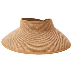 OTPEH Women Packable Beach Sun Straw Hats Wide Brim Visor Sunhat Travel Foldable Summer UV Protection Khaki