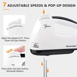 Showvigor Handmixer Electric Handheld - 7 Speed Portable Kitchen Mixer Electric with 5 Stainless Steel Accessories Whisk, Food Beater for Whipping Mixing Cookies Cakes Eggs Dough