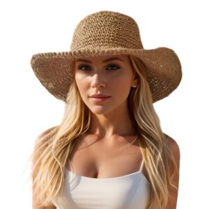 womens sun hats wide brim summer beach hat for women foldable travel fedora handmade crochet straw hat packable upf50+, khaki