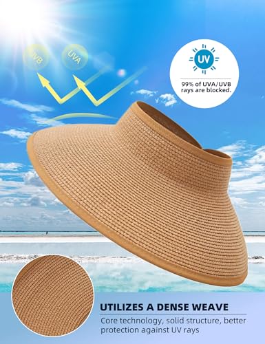 OTPEH Women Packable Beach Sun Straw Hats Wide Brim Visor Sunhat Travel Foldable Summer UV Protection Khaki